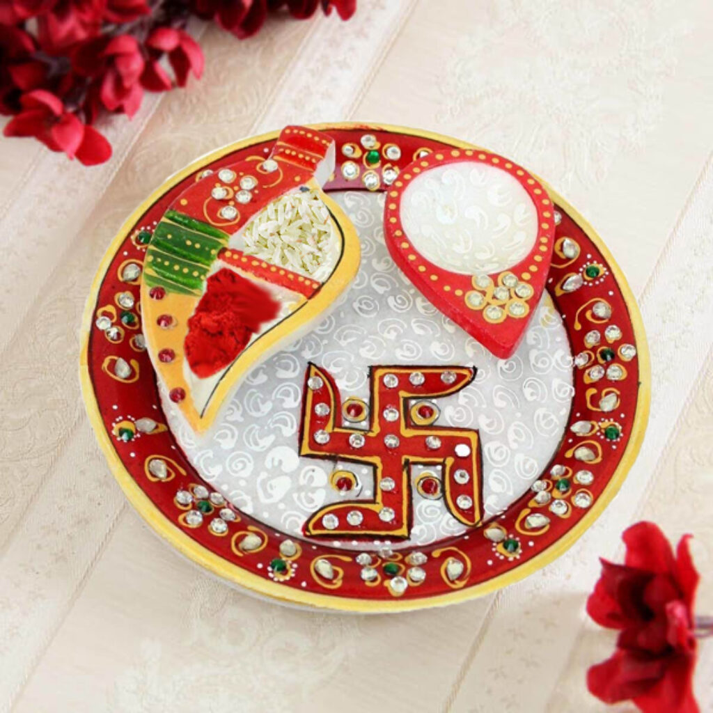 Aarti thali :Marble Pooja Thali Set with Roli Rice Pack - Craftam