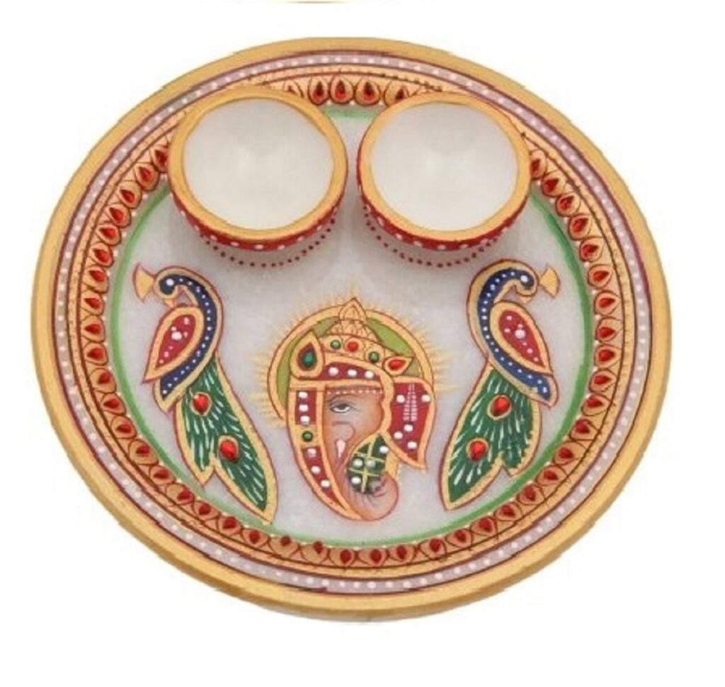 Aarti thali :Marble Pooja Thali Set with Roli Rice Pack - Craftam
