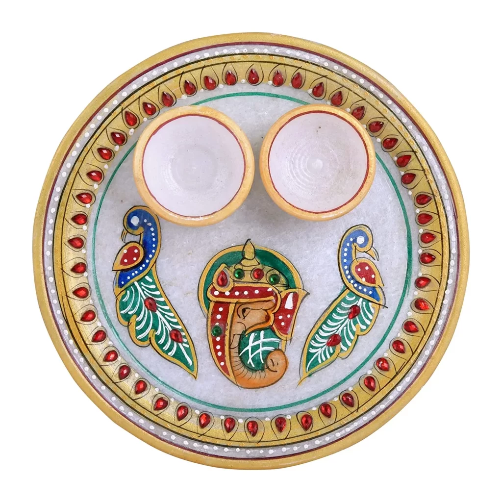 Aarti thali :Marble Pooja Thali Set with Roli Rice Pack - Craftam