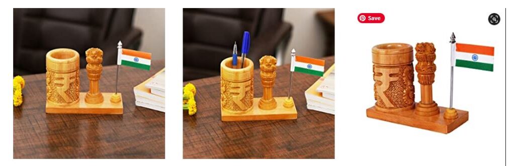 Wooden Rupee Pen Stand, Ashok Pillar and Indian Flag for Office Use